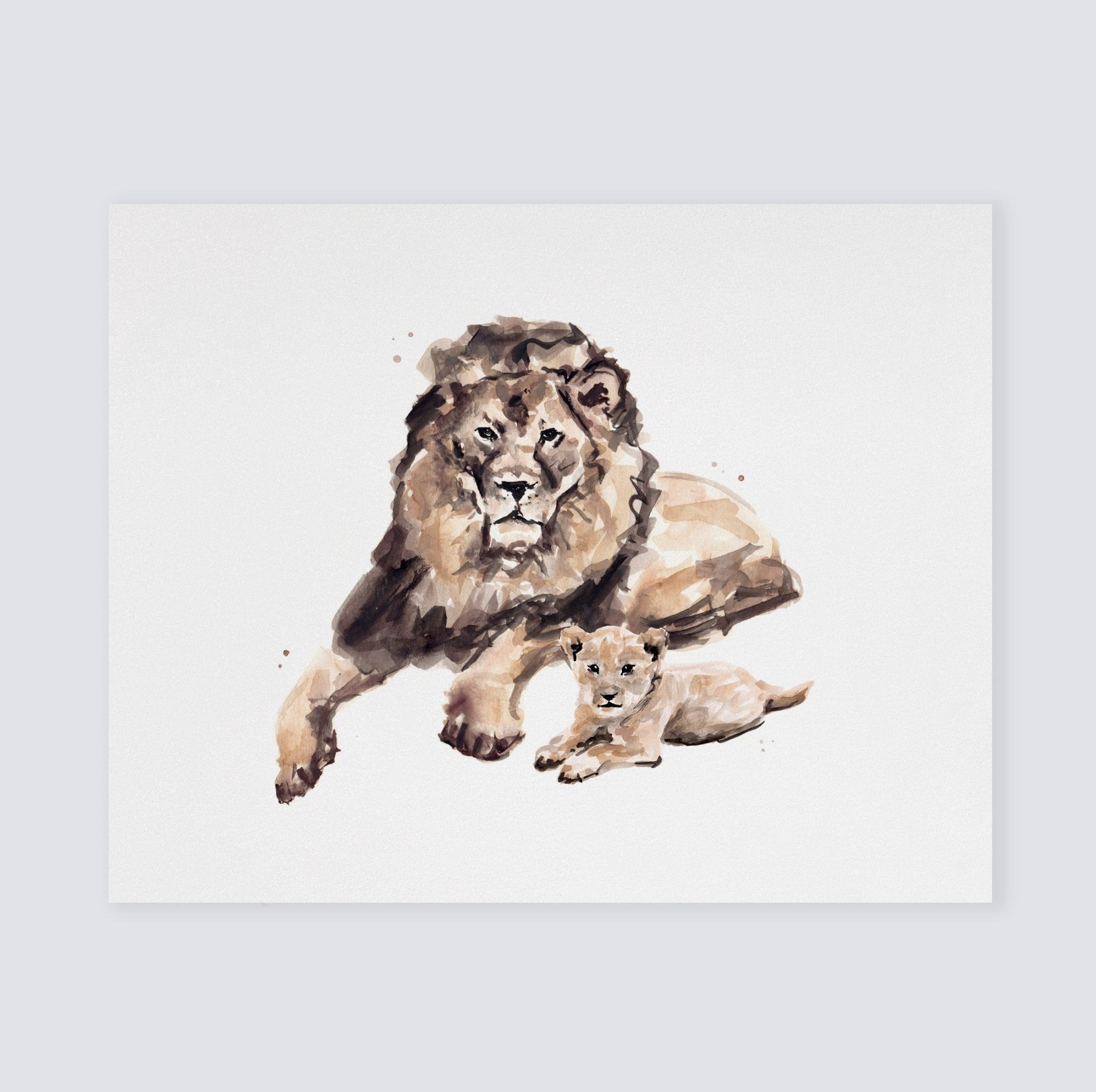 Lion Father and Baby Lion Cub Watercolor Art Print – Moon Rock Prints